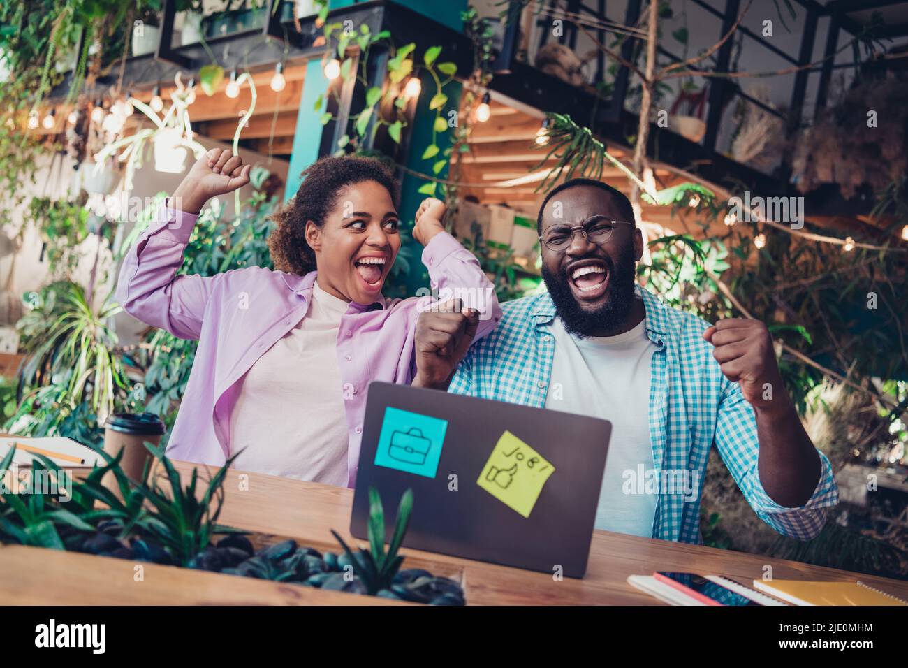 Portrait of two delighted crazy overjoyed people raise fists celebrate ...