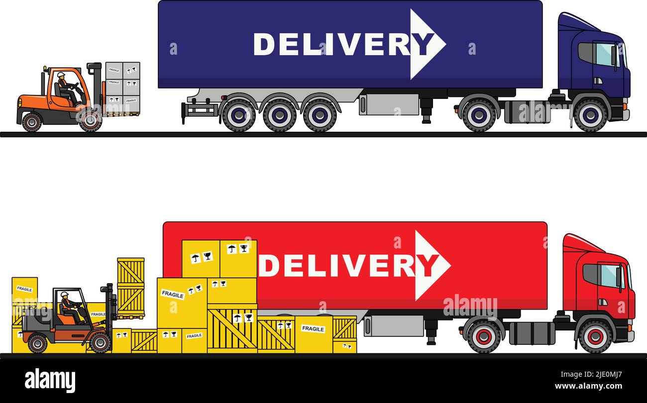 Forklift loading boxes into a truck, van isolated on white background ...