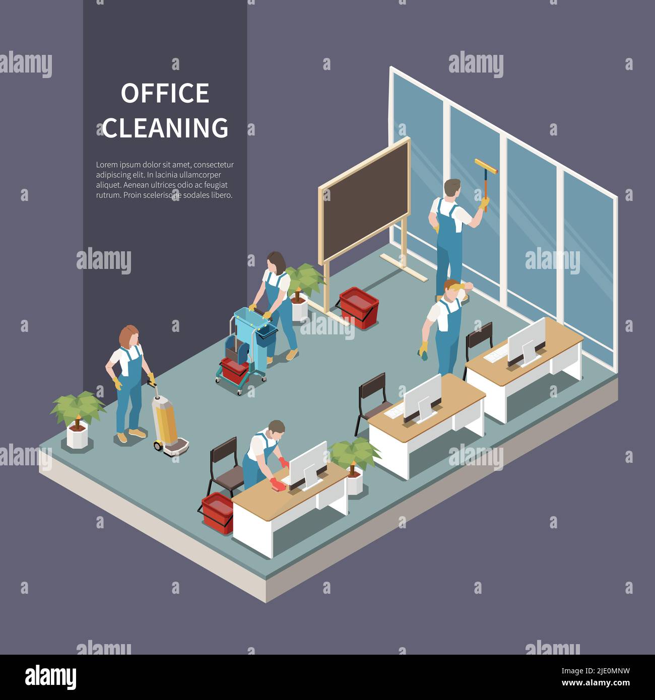 Commercial office cleaning service team at work vacuuming carpet ...