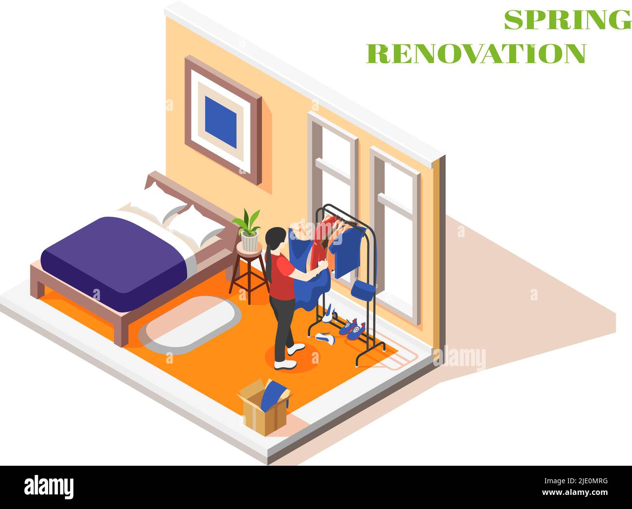 Spring renovation isometric interior with young woman sorting clothes ...