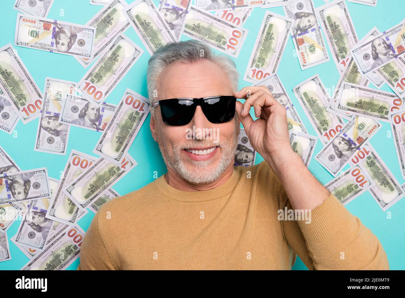Above view portrait of successful man hand touch glasses toothy smile ...