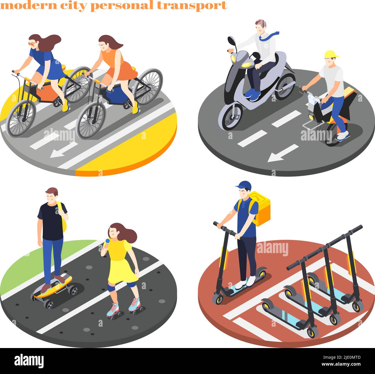 Isometric set of 4x1 icons with people using personal transport bike ...