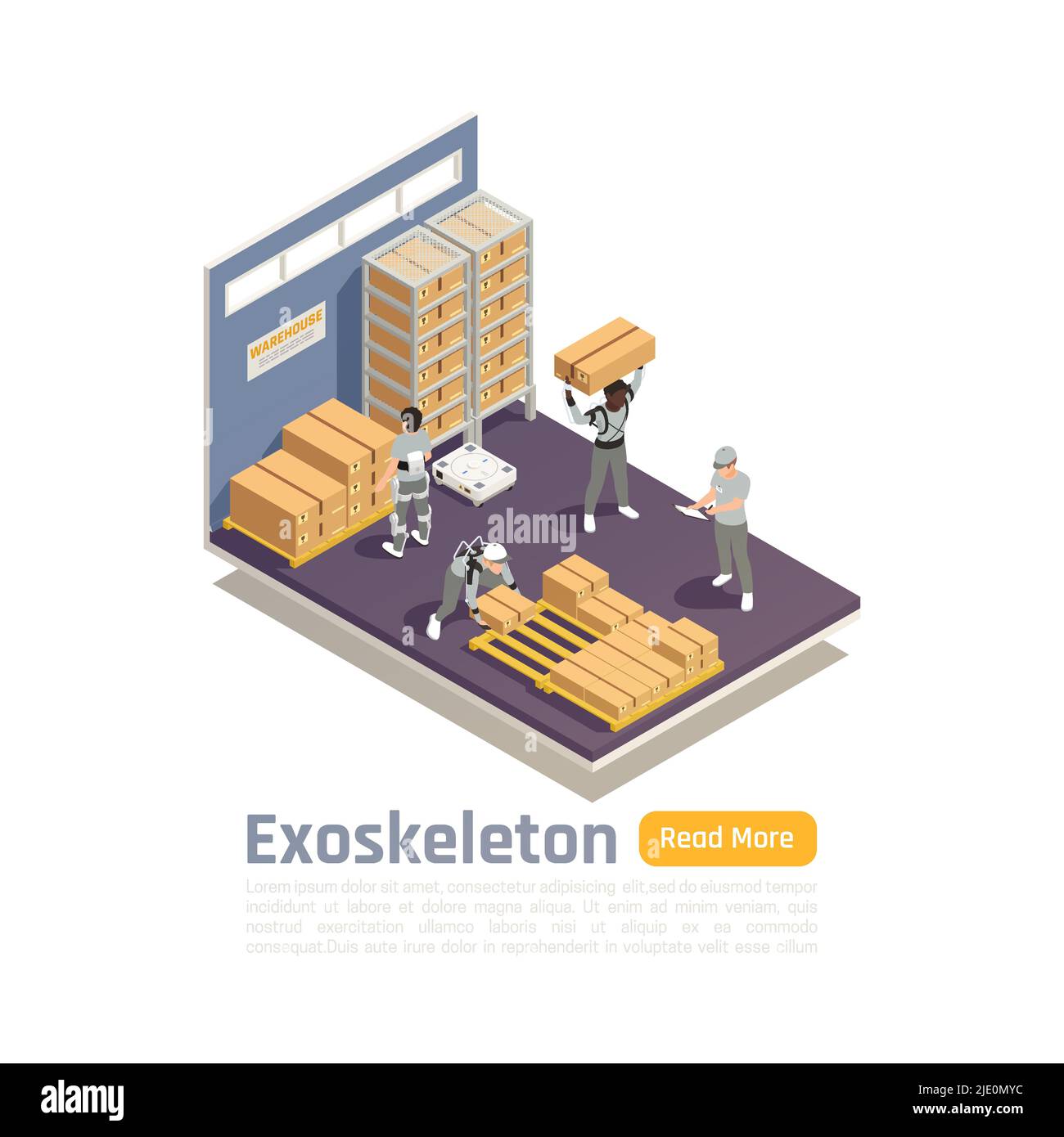 Warehouse isometric composition with workers using exoskeleton as ...