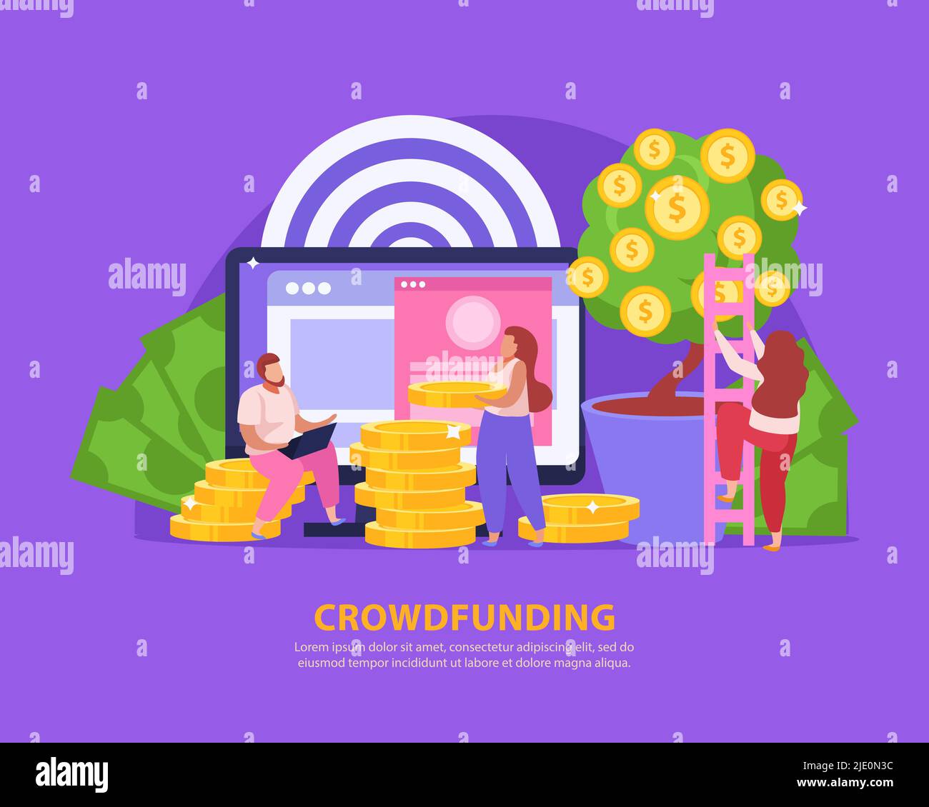 Crowdfunding concept with people collecting money for startup on blue ...