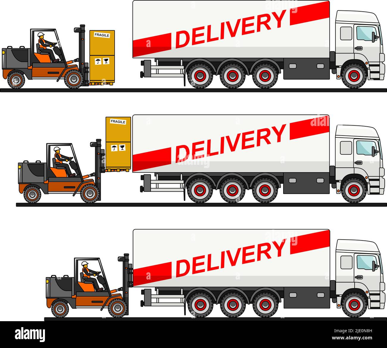 Forklift loading boxes into a truck, van isolated on white background ...