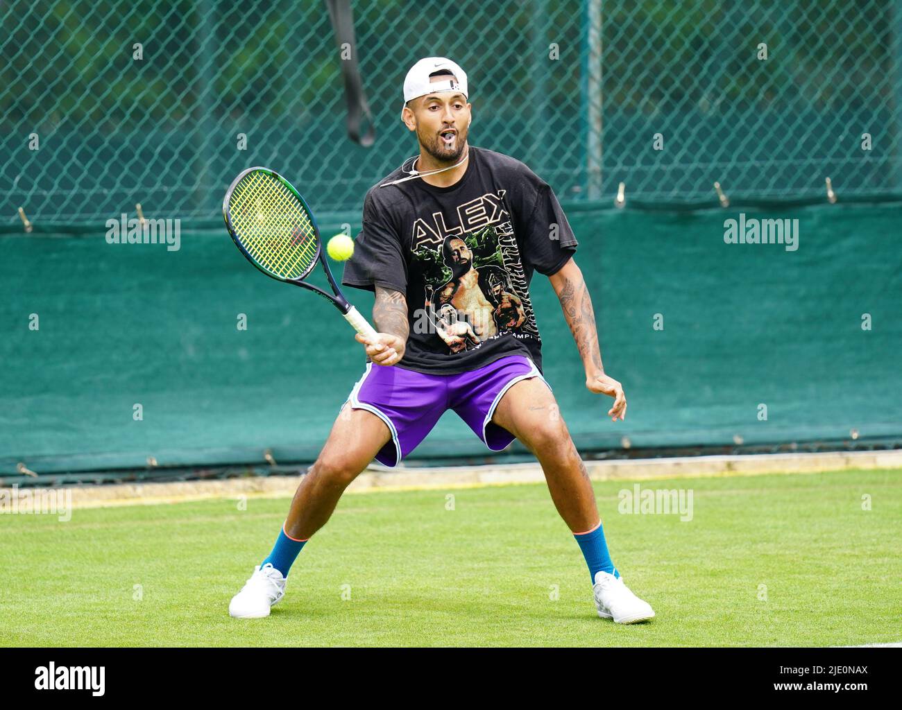 Nick Kyrgios practices ahead of the 2022 Wimbledon Championship at the ...