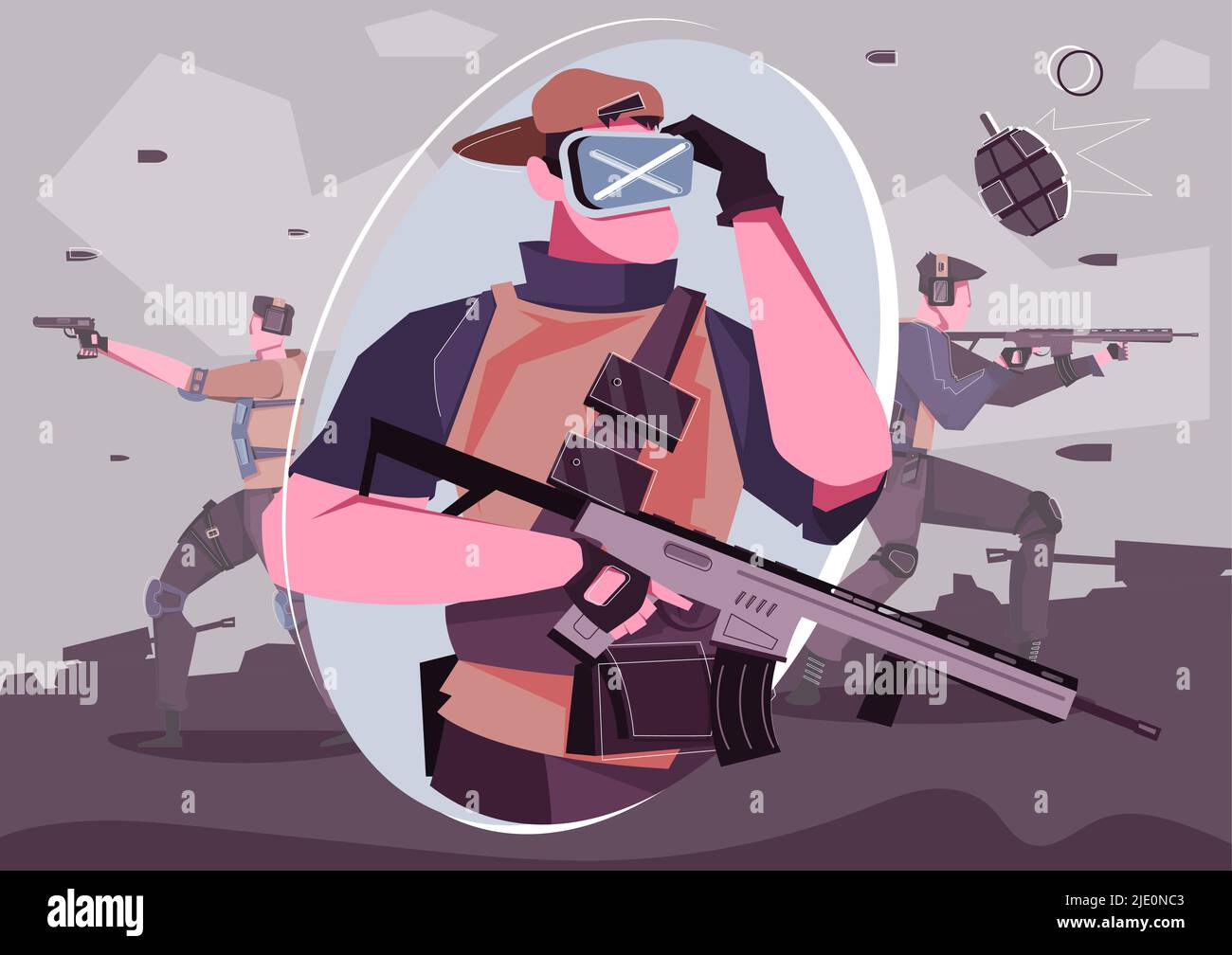 VR war game flat composition with male gamer wearing augmented reality ...