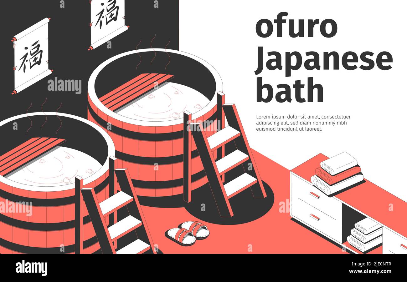 Ofuro japanese bath interior with two barrels towels slippers 3d ...