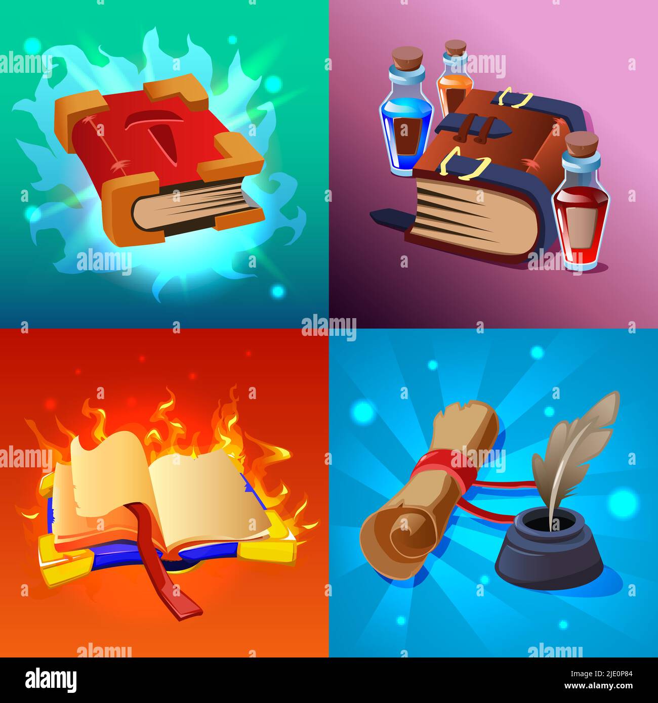 Magic book cartoon concept icons set with scrolls and potions isolated ...