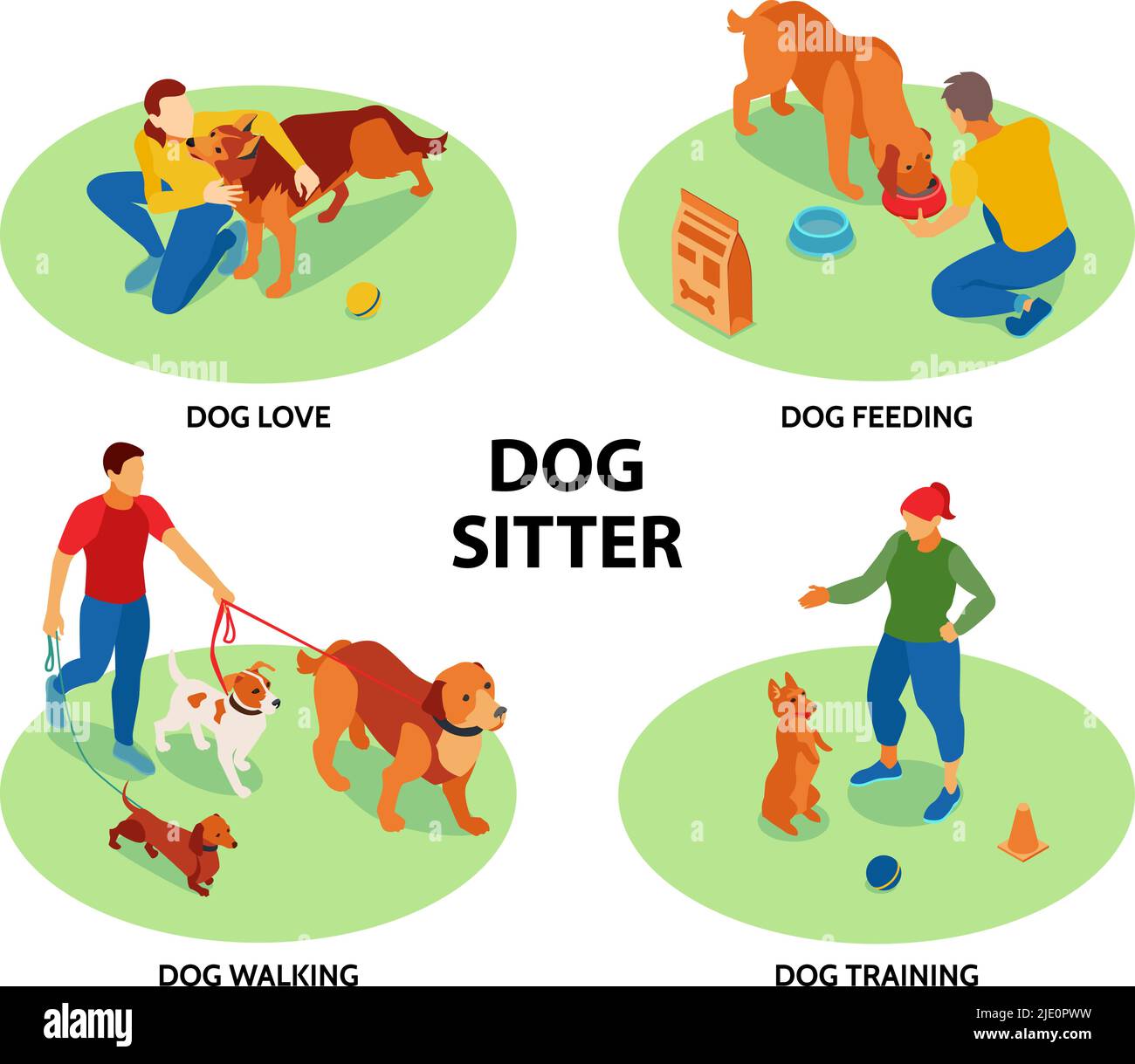 Dog sitter 4 circular isometric compositions with pets training feeding ...