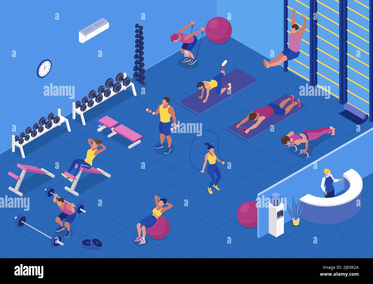 Isometric background with people doing cardio and weight training with ...