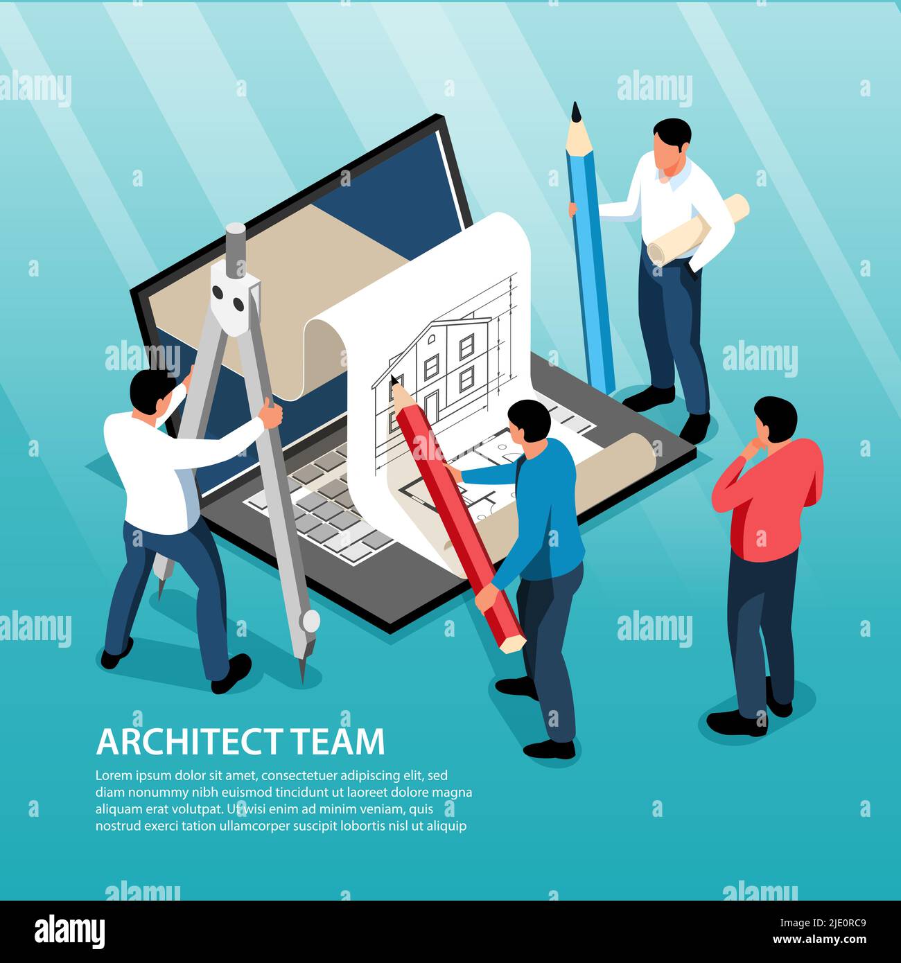 Architect team isometric vector illustration with big tools for ...