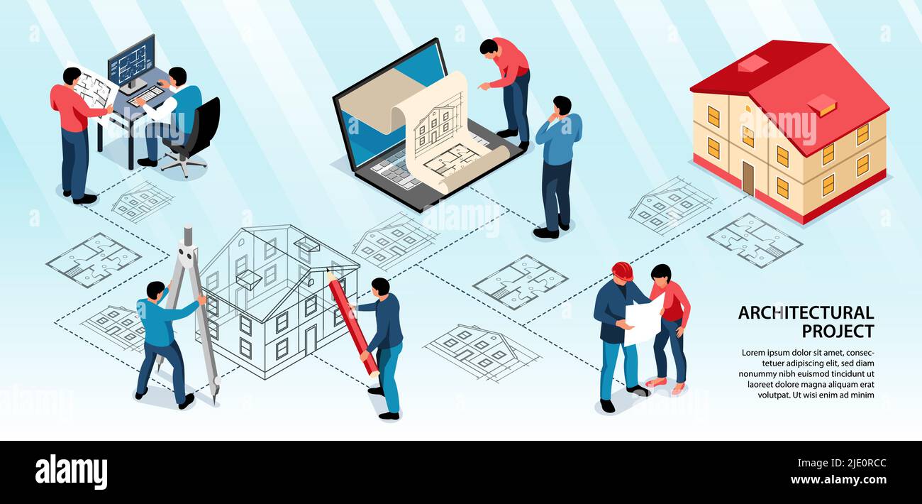 Architectural project infographics layout with designers working with ...