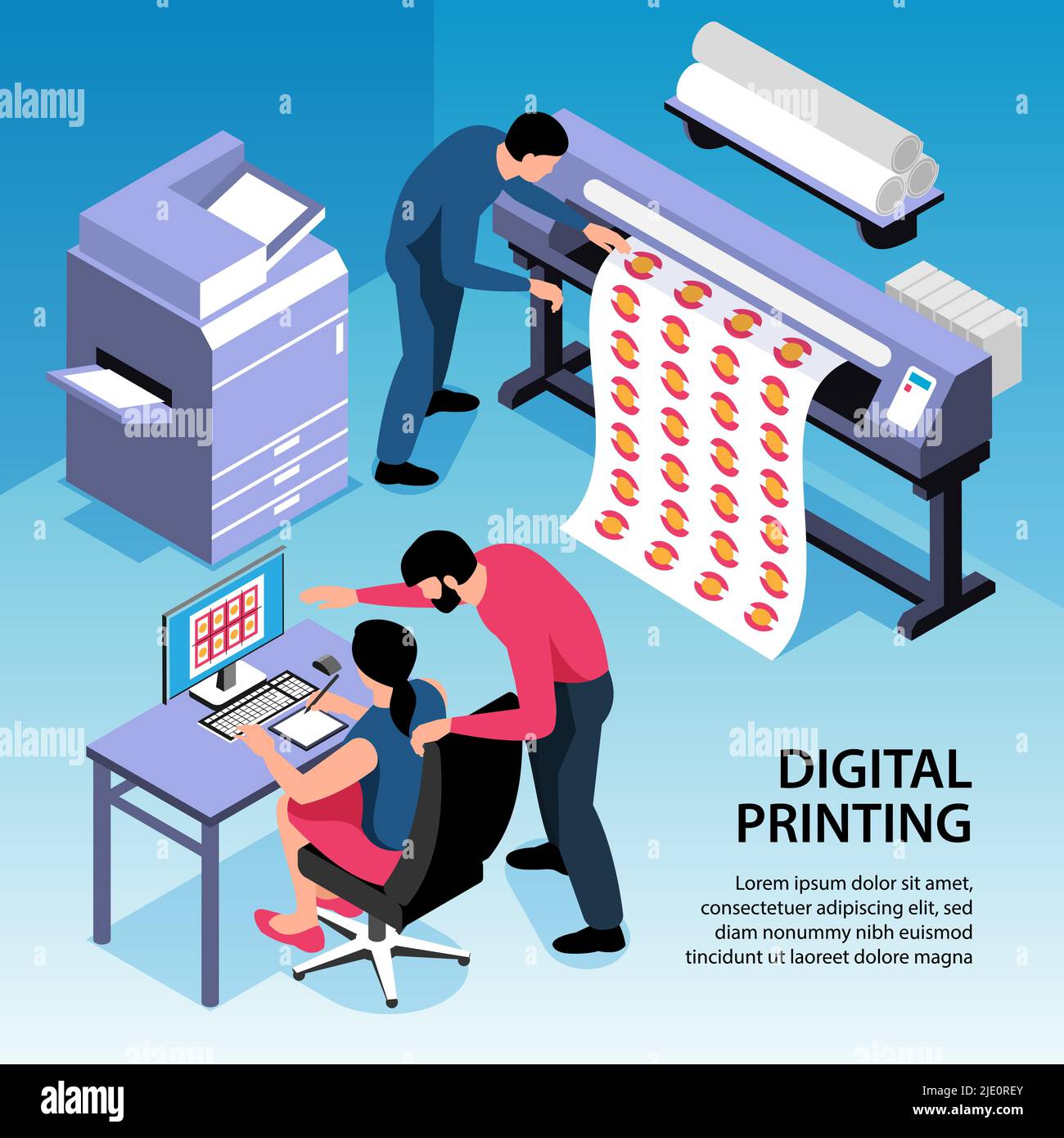 Digital printing isometric background with office staff working on copy and polygraph equipment ...