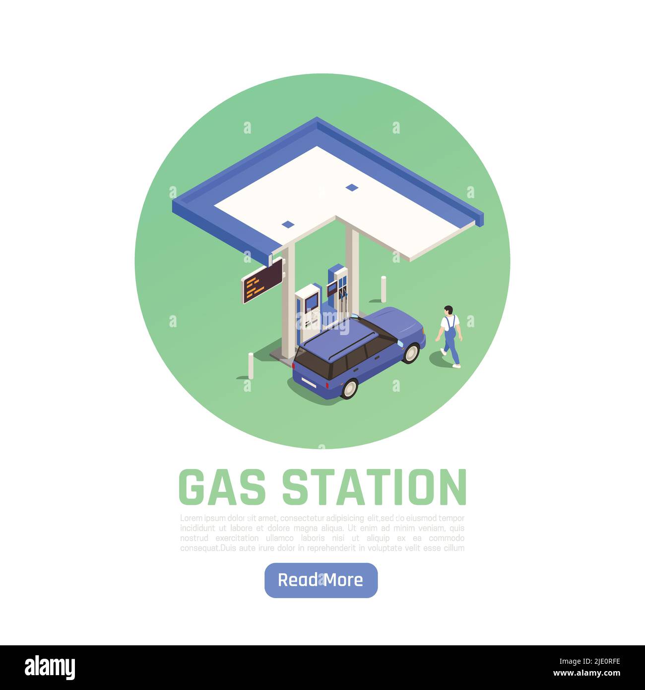 Gas station isometric circular web page composition with personal car ...