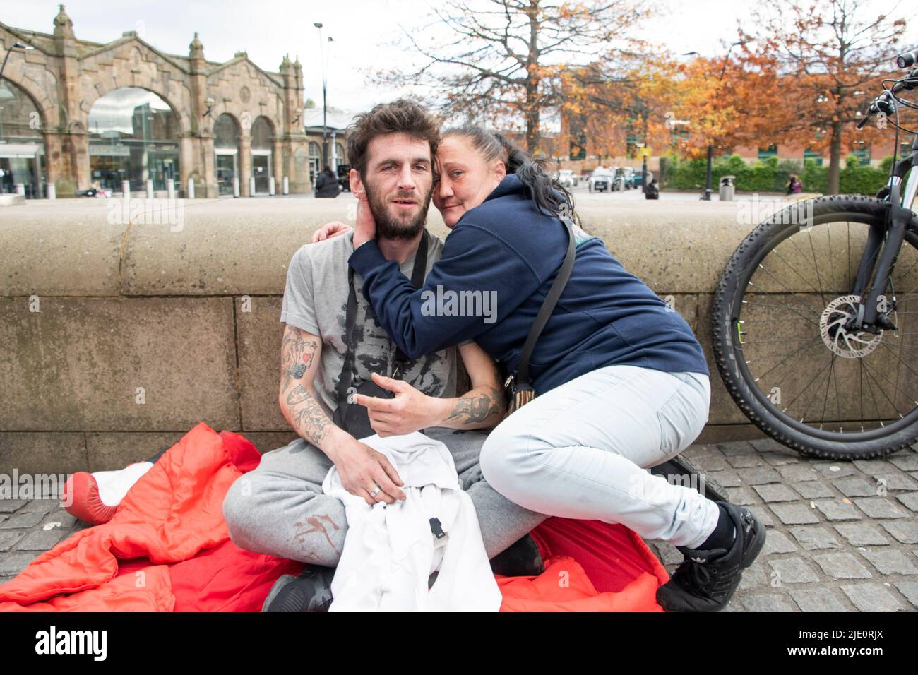 Sheffield, UK – 13 November 2021: A homeless couple celebrate their ...