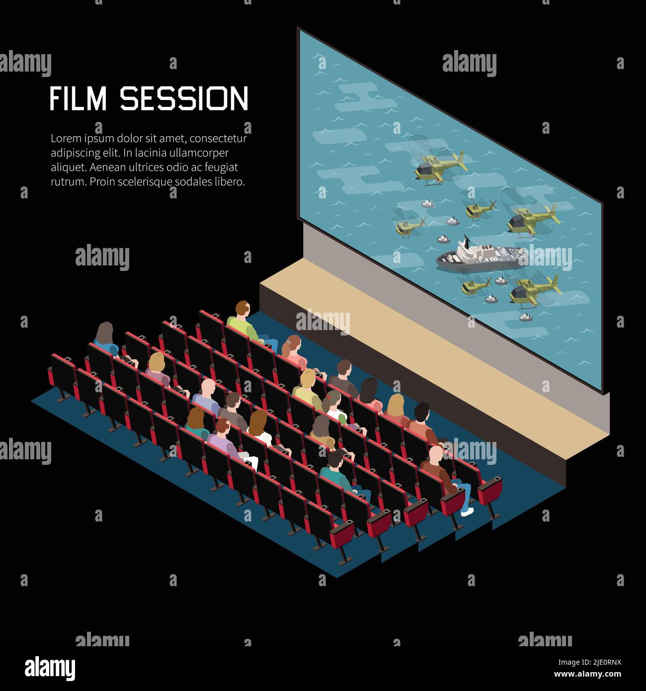 Cinema isometric composition with indoor view of auditorium watching ...