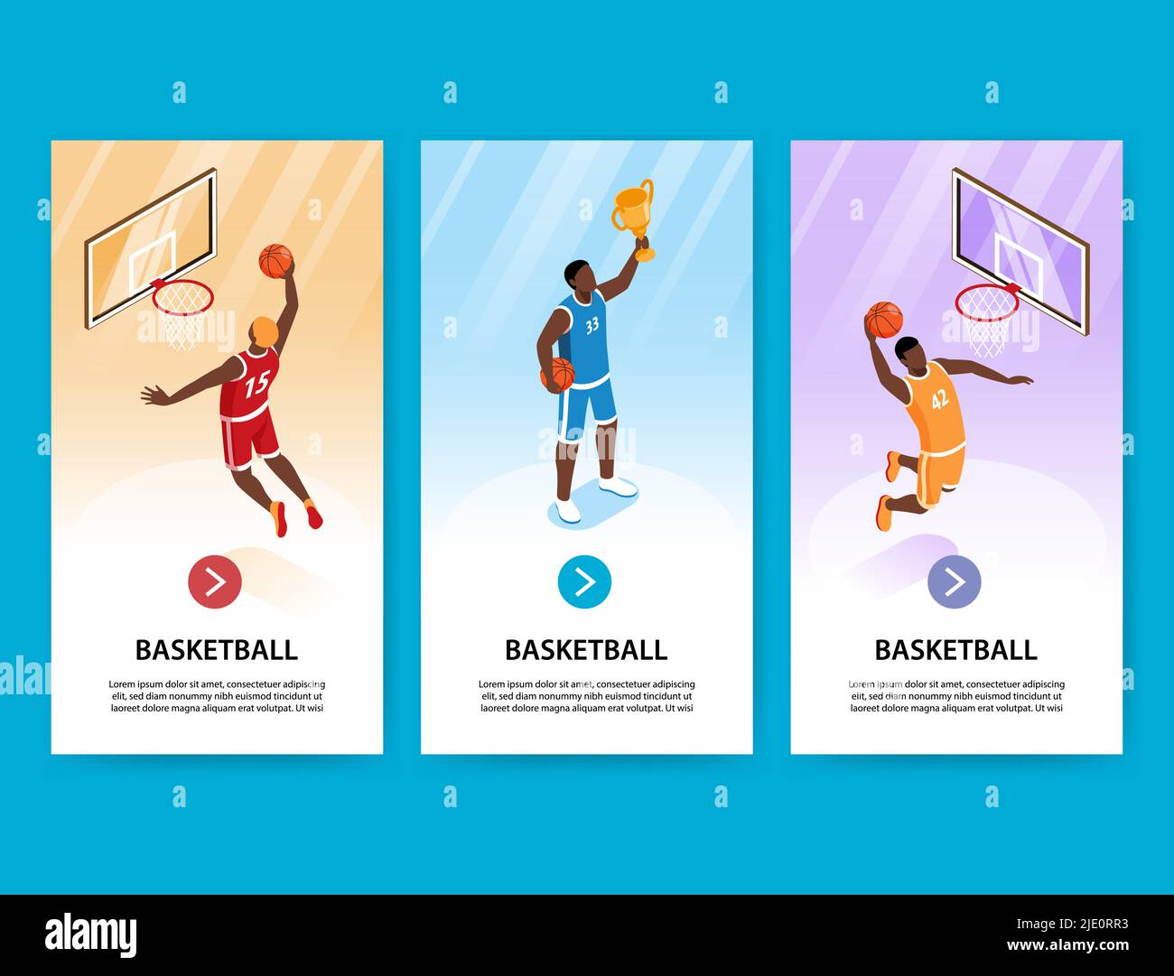Basketball vertical banners with athletes scoring goal in basket ...