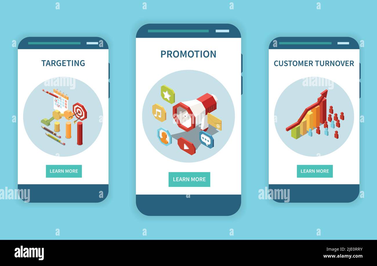 Marketing strategy concept isometric set of three vertical banners with ...