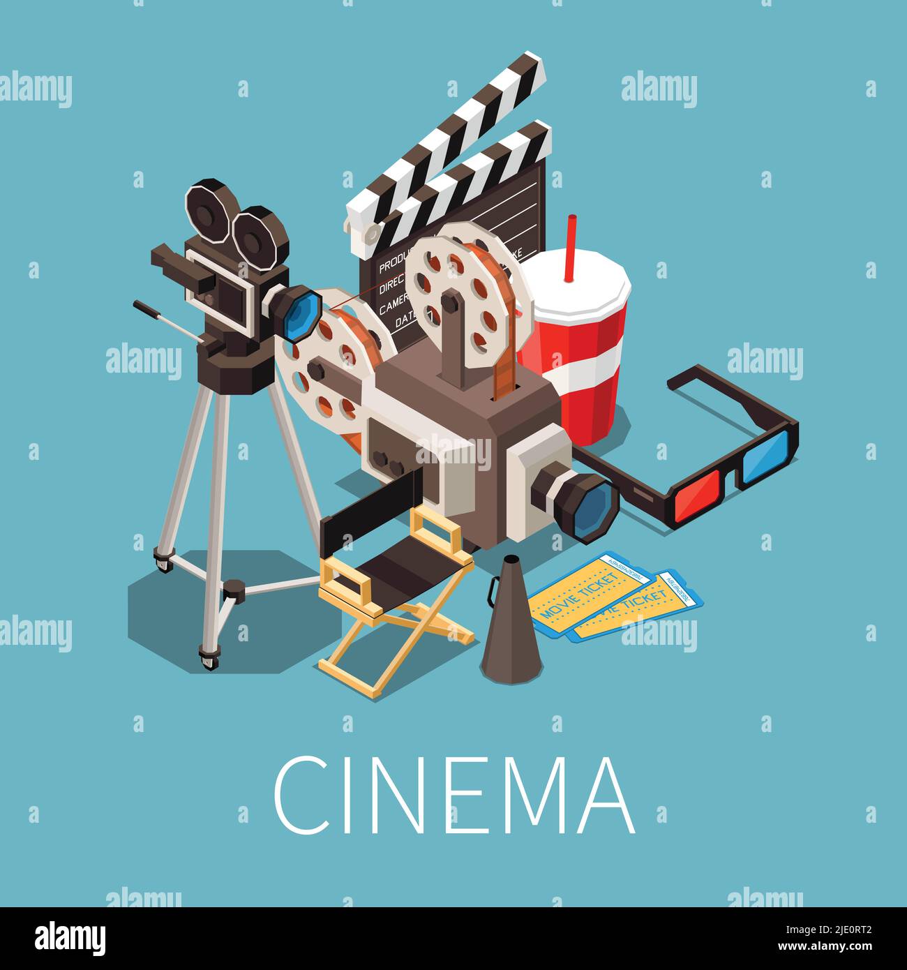 Cinema isometric composition with text and images of cinematographic ...