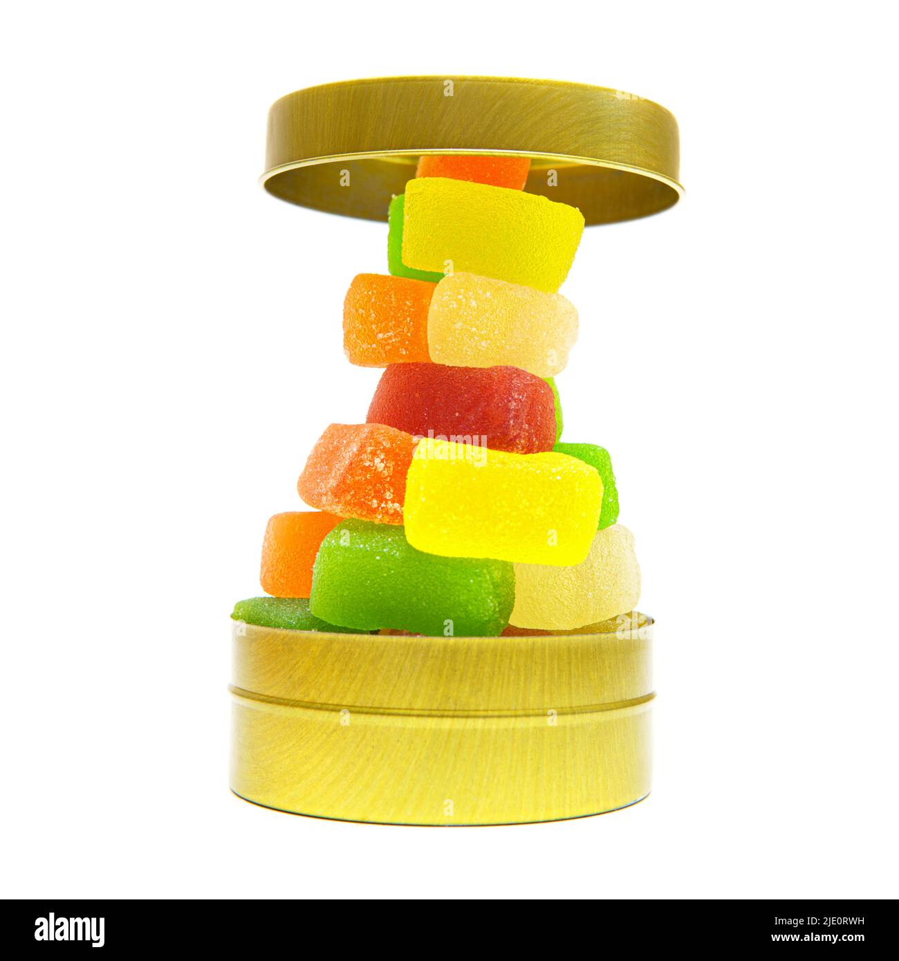 Close-up of a pyramid made from jelly candies in a round tin box ...