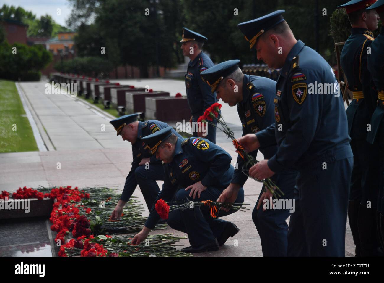 Moscow. Members of Board of Emercom of Russia during the wreath-laying ...
