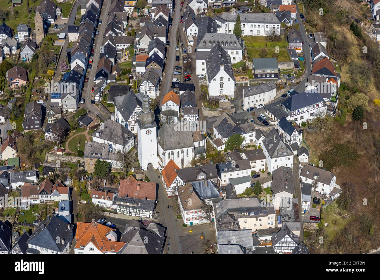 Aerial view, old town with half-timbered houses and town chapel St ...