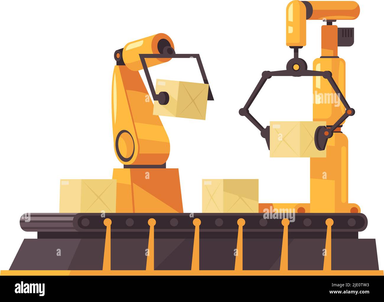 Flat automated robotic arms packing boxes on conveyor belt vector ...