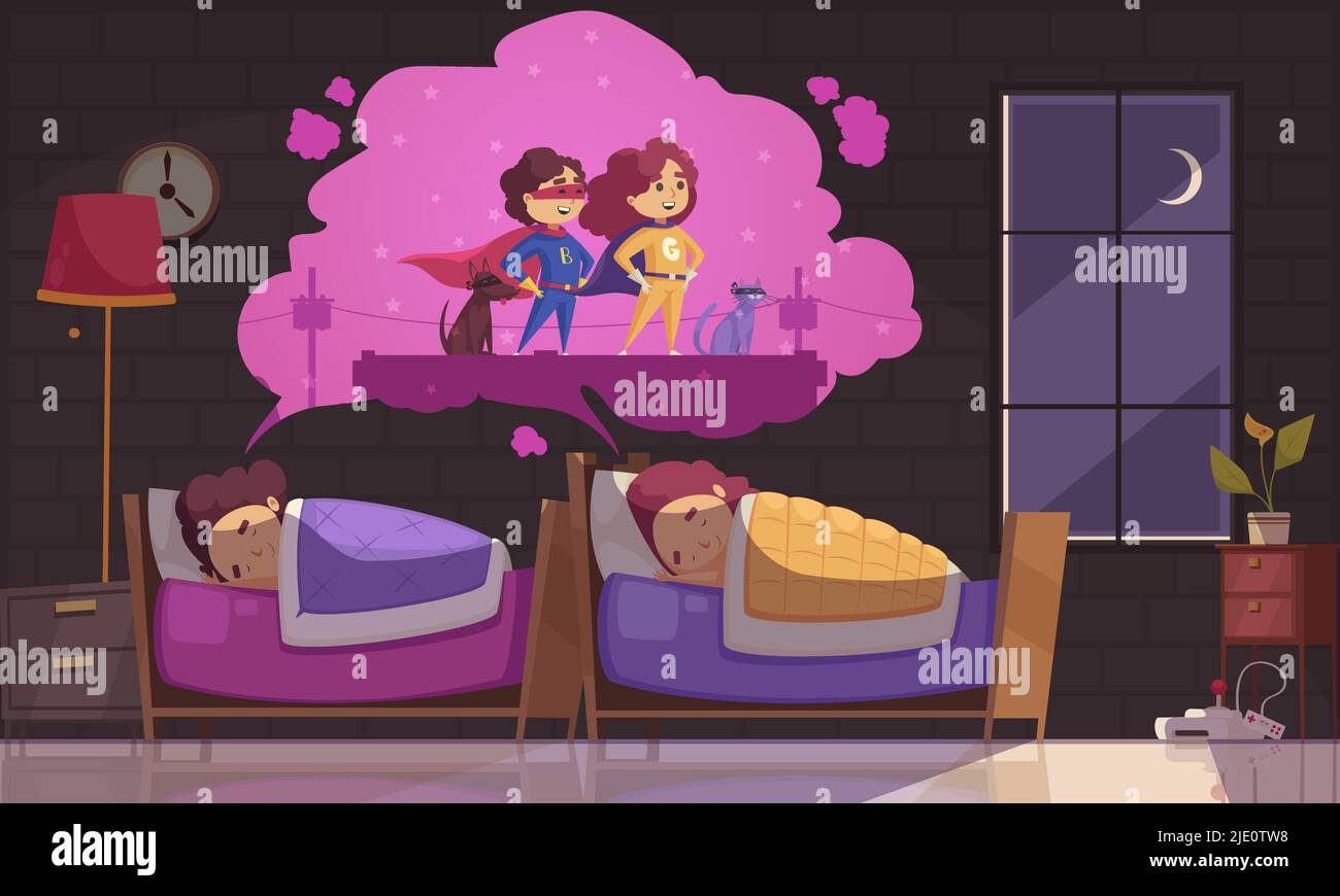 Children dreaming hero composition of cartoon kids characters sleeping ...