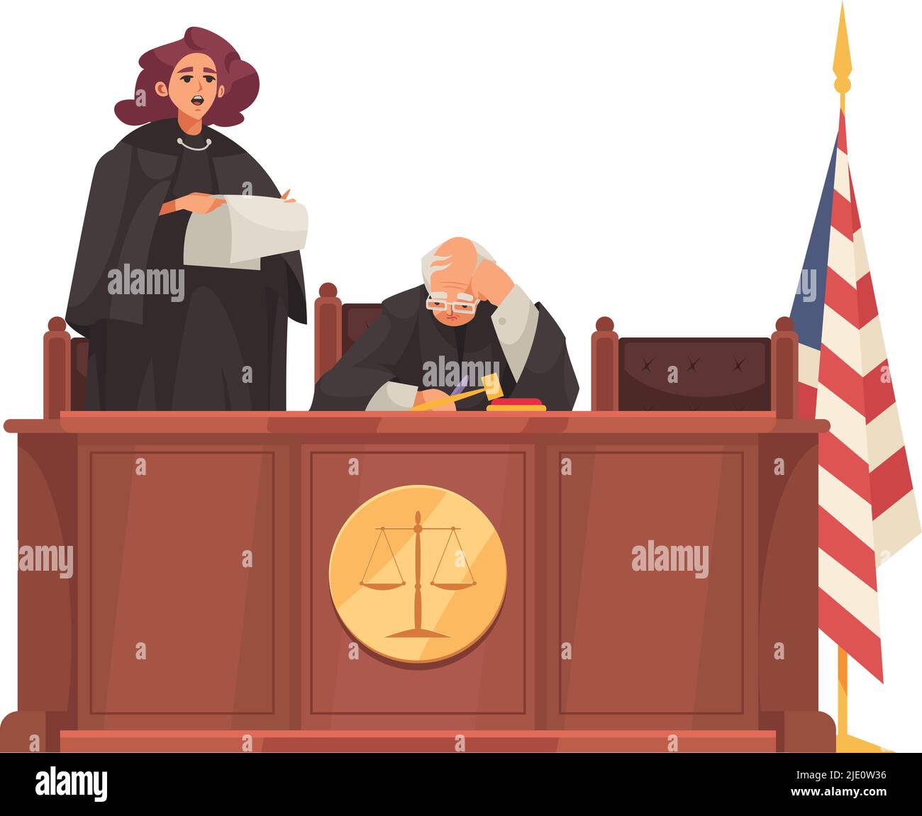Law justice with wooden tribunes and sitting judges vector illustration ...