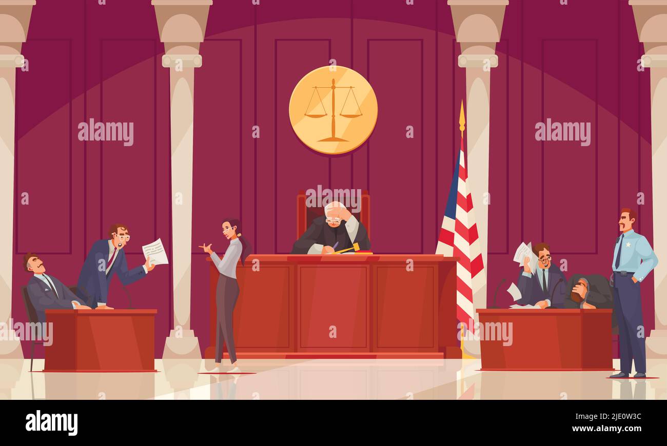 Law justice composition with court house indoor scenery and attorneys ...