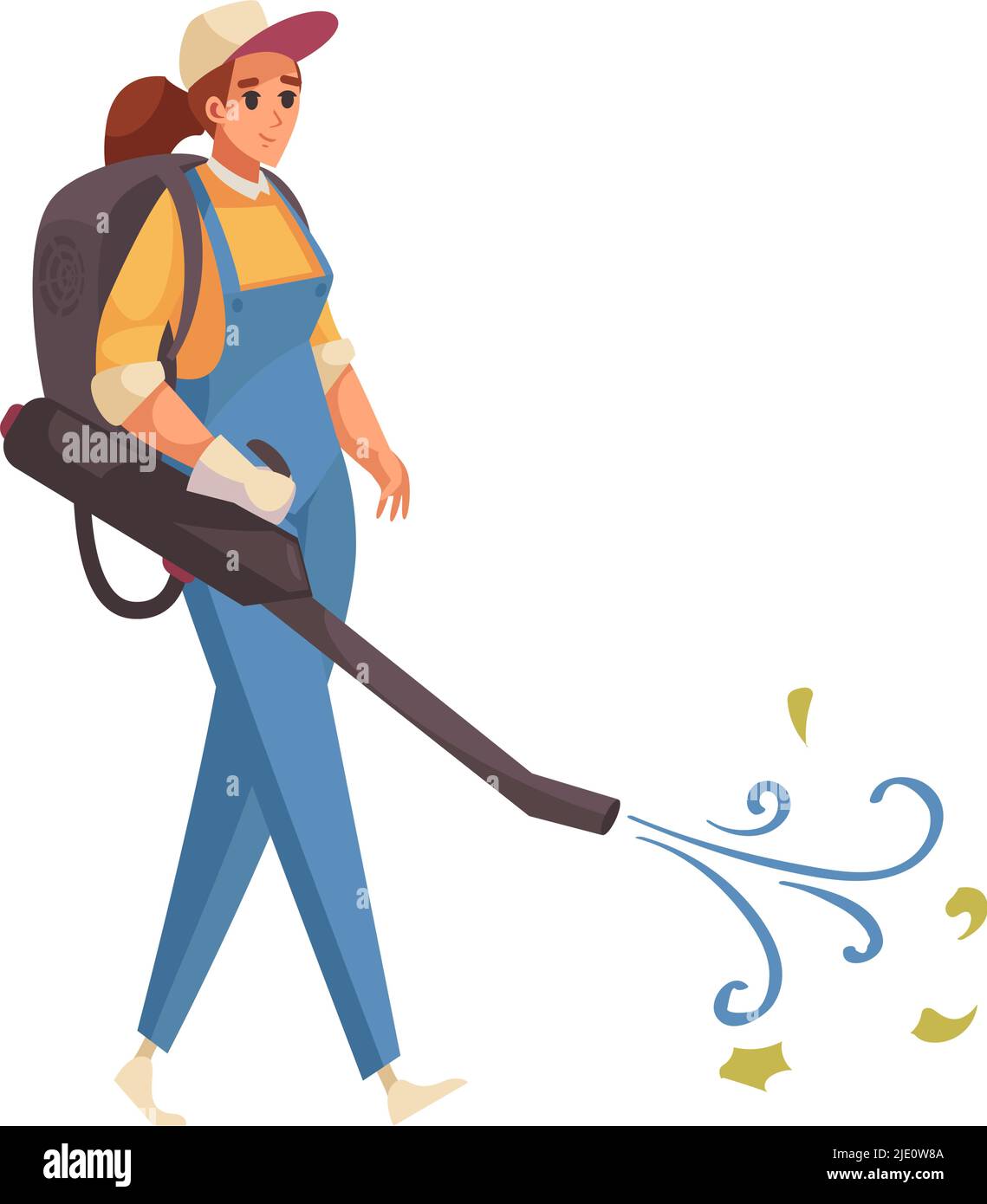 Happy cleaner character with blower flat icon on white background ...