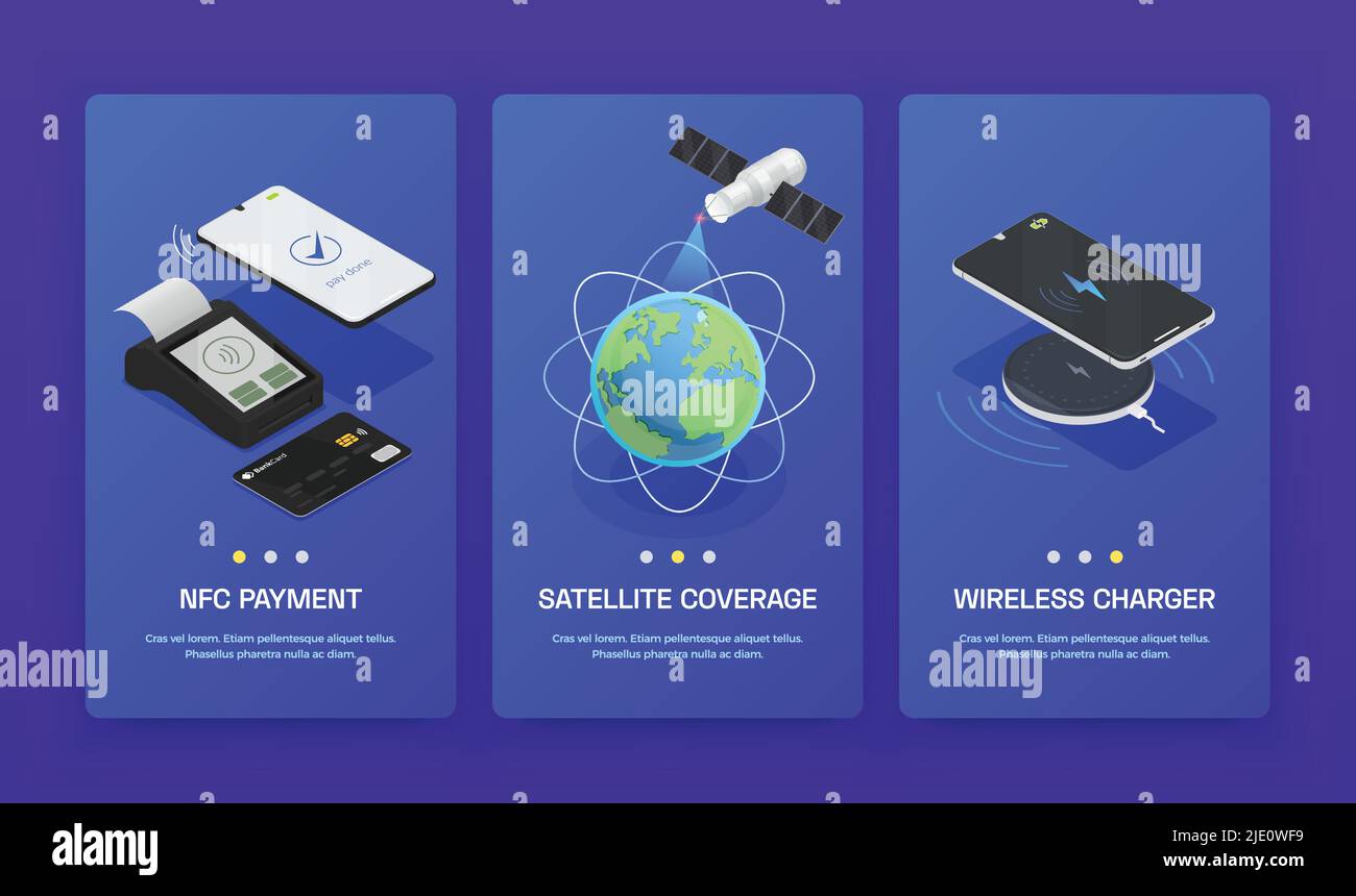 Three vertical isometric wireless technologies banner set with nfc ...