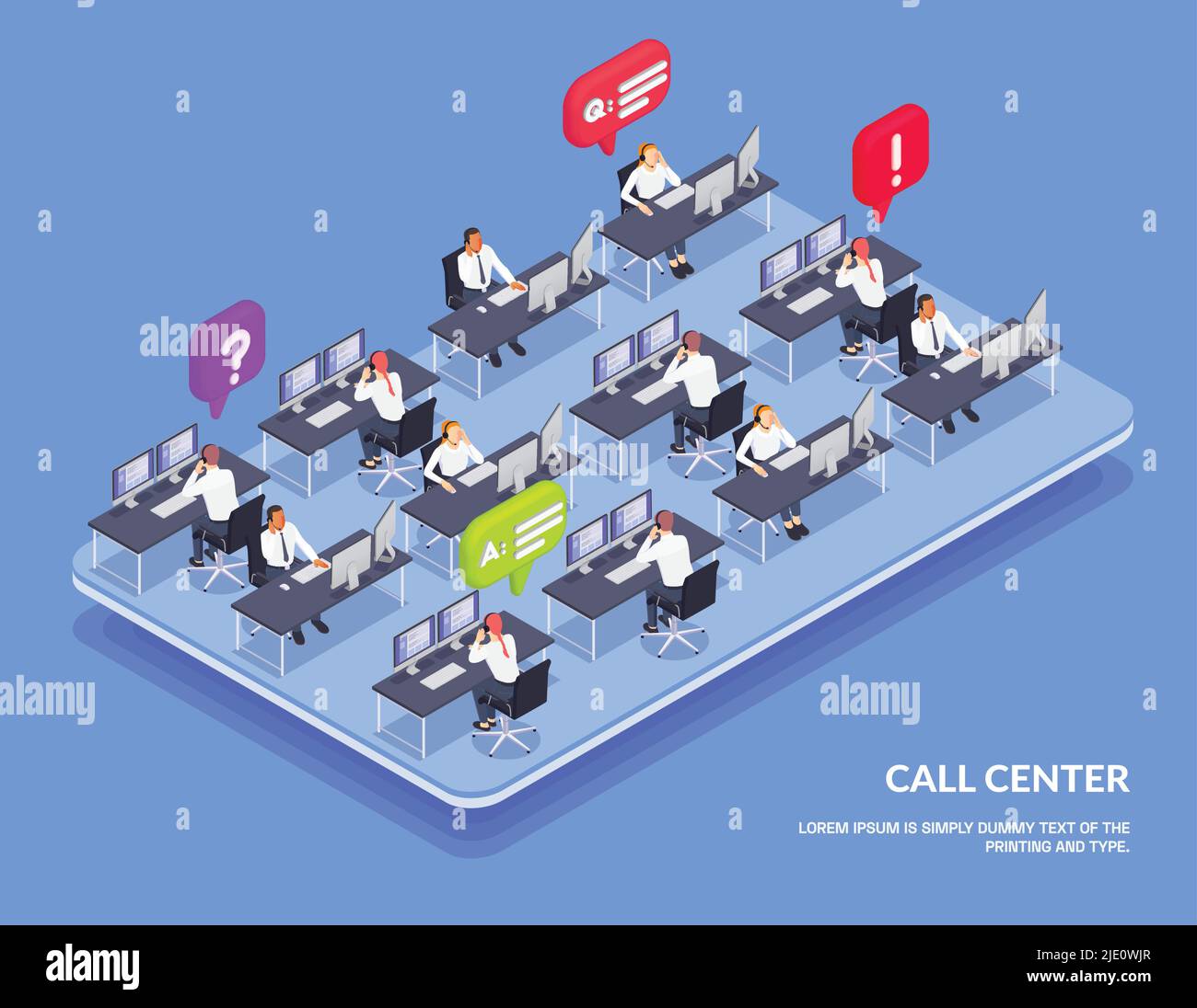 Customer service isometric and colored composition open space with ...