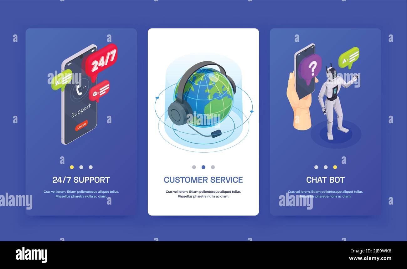 Three vertical customer service isometric banner set with customer ...