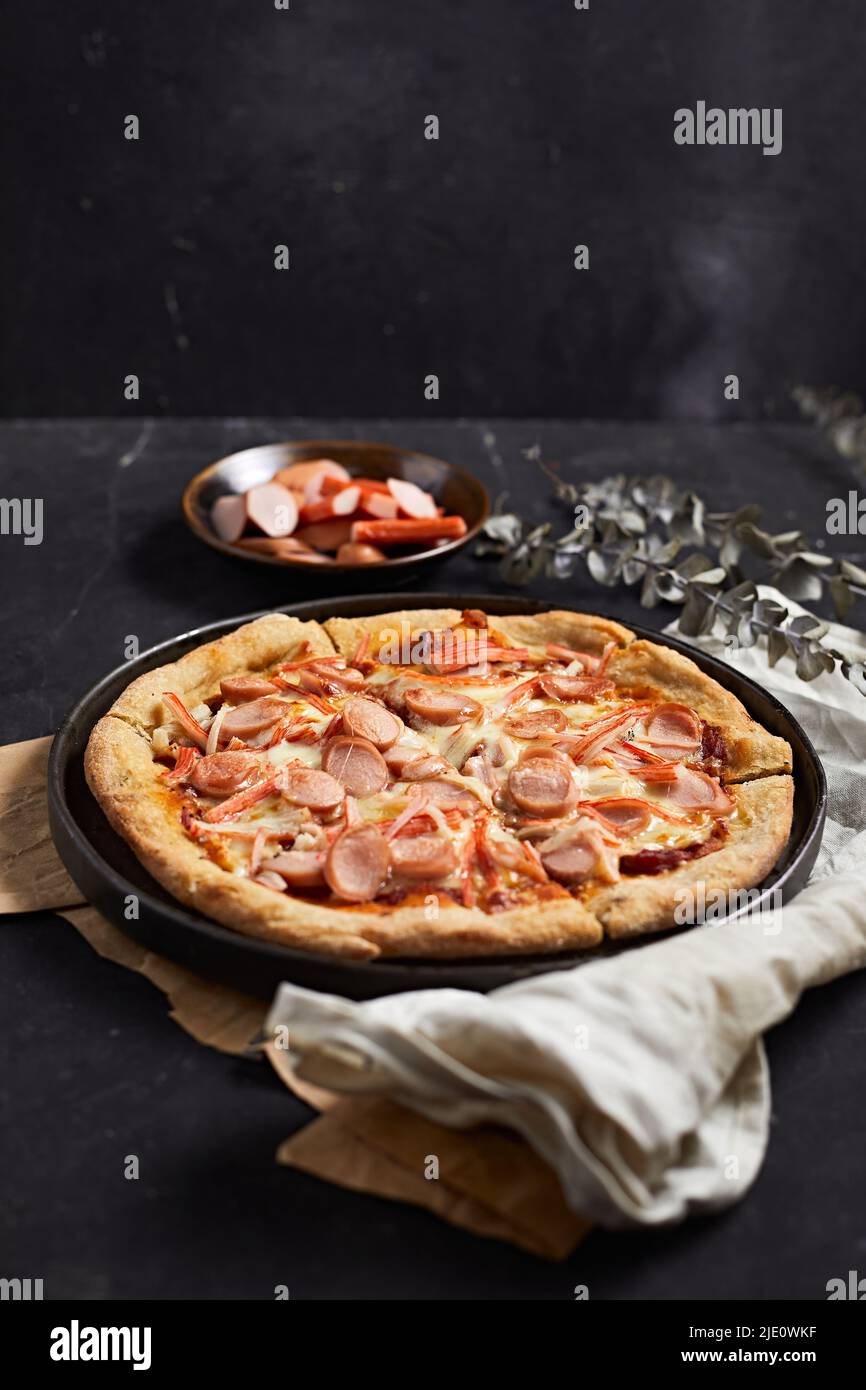 Homemade Sausage and Crab Stick Pizza Stock Photo - Alamy