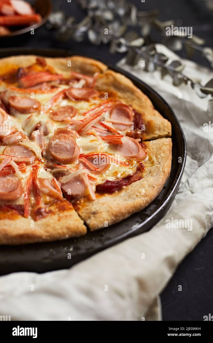 Homemade Sausage and Crab Stick Pizza Stock Photo - Alamy
