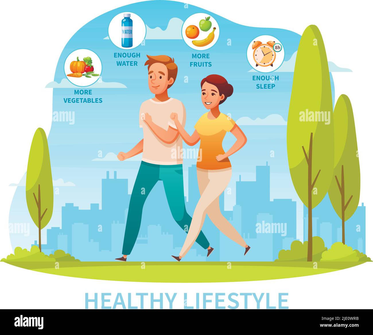 Healthy lifestyle diet exercise getting good sleep cartoon composition ...