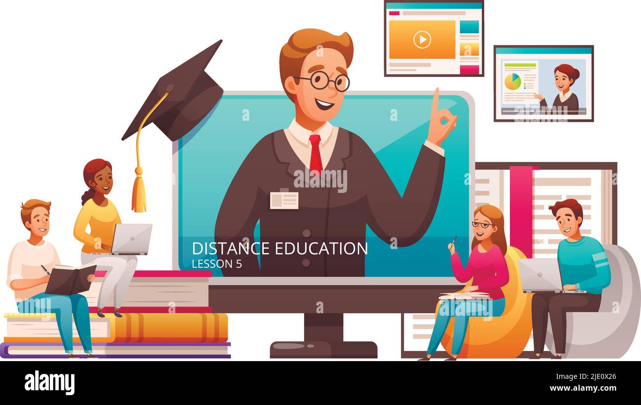 Distant learning online education lessons advertising cartoon ...