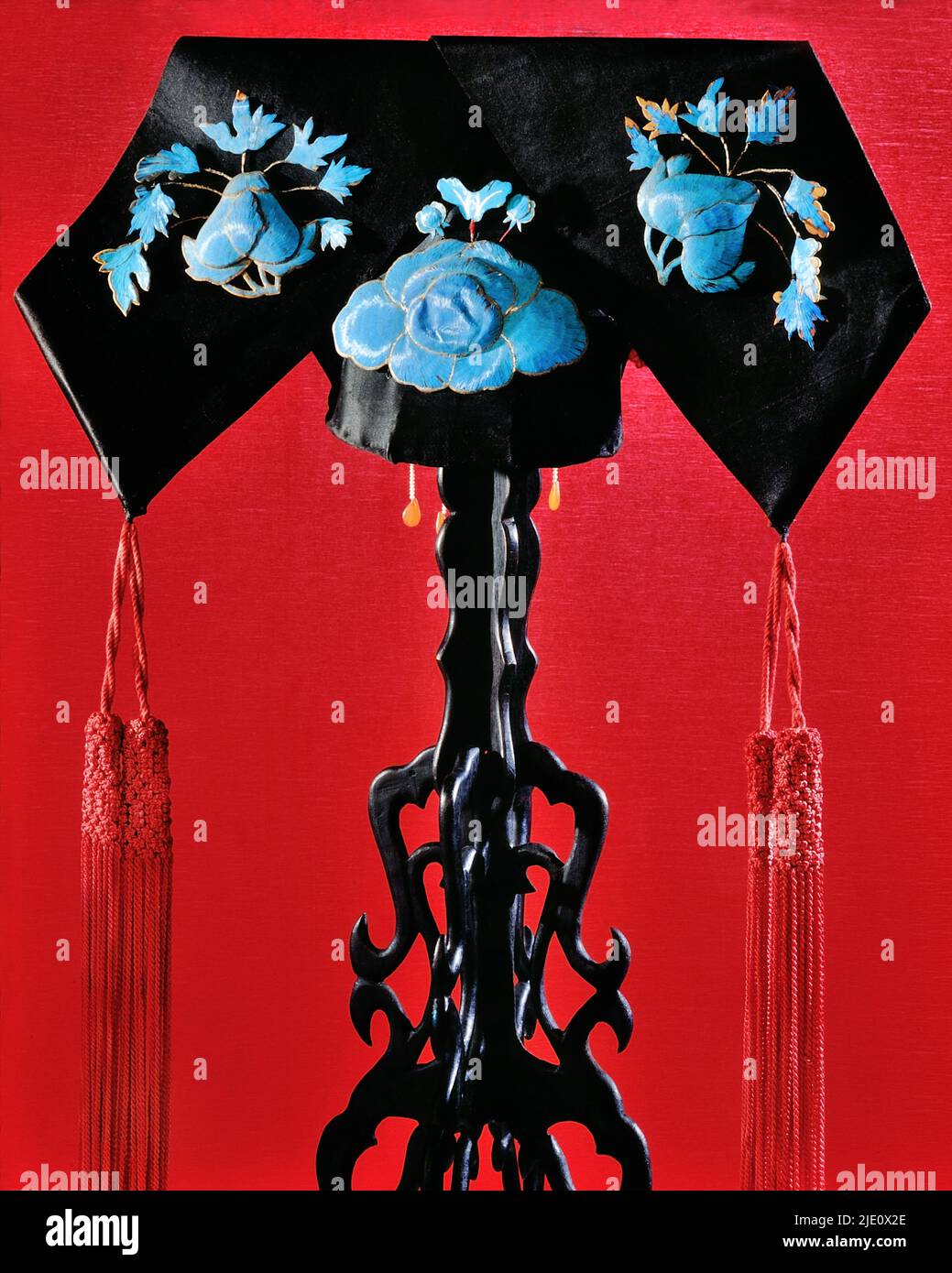 Still-Life, Antique Chinese dignitary and judge hat in silk with ...