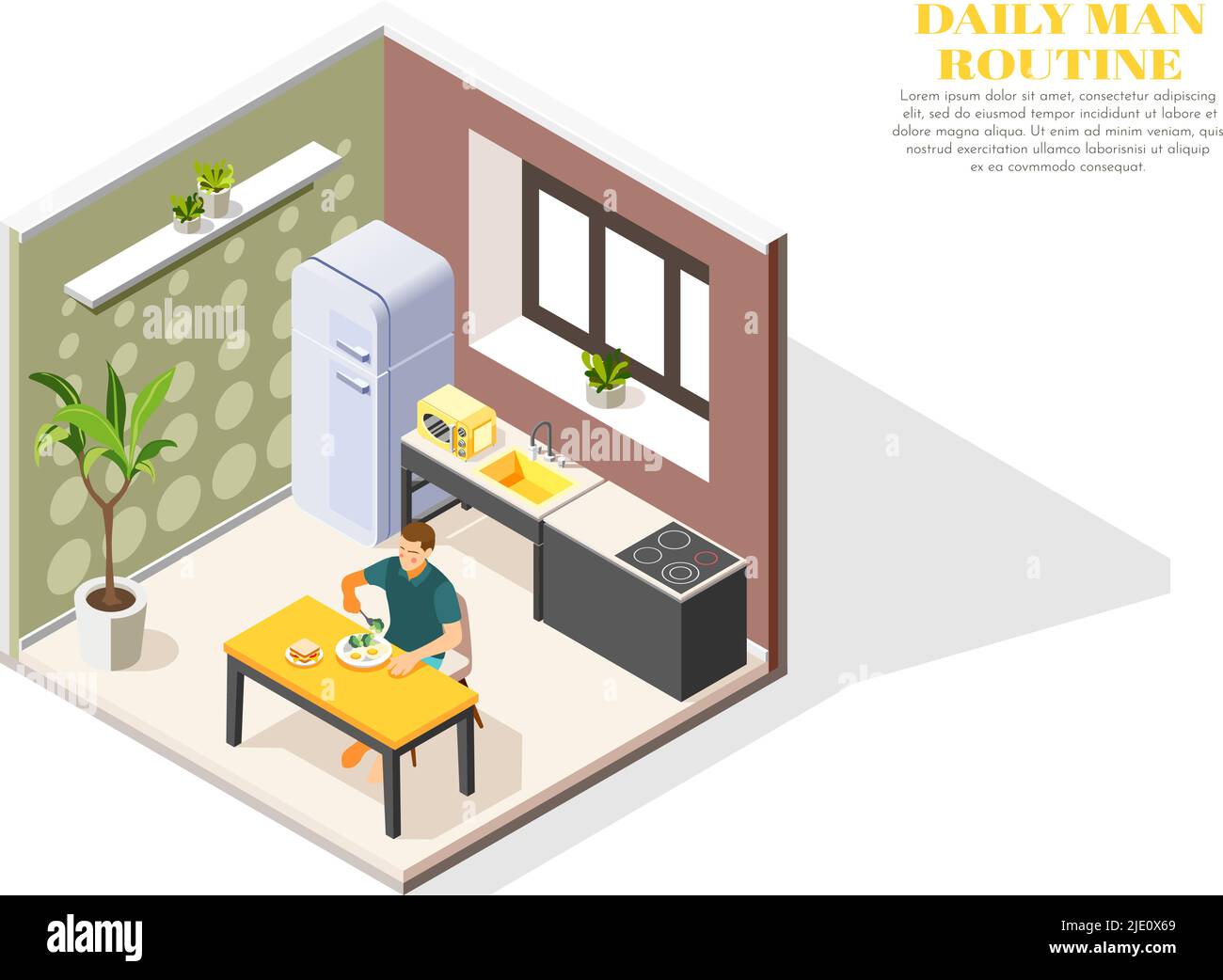 Daily routine isometric composition with man eating breakfast in ...