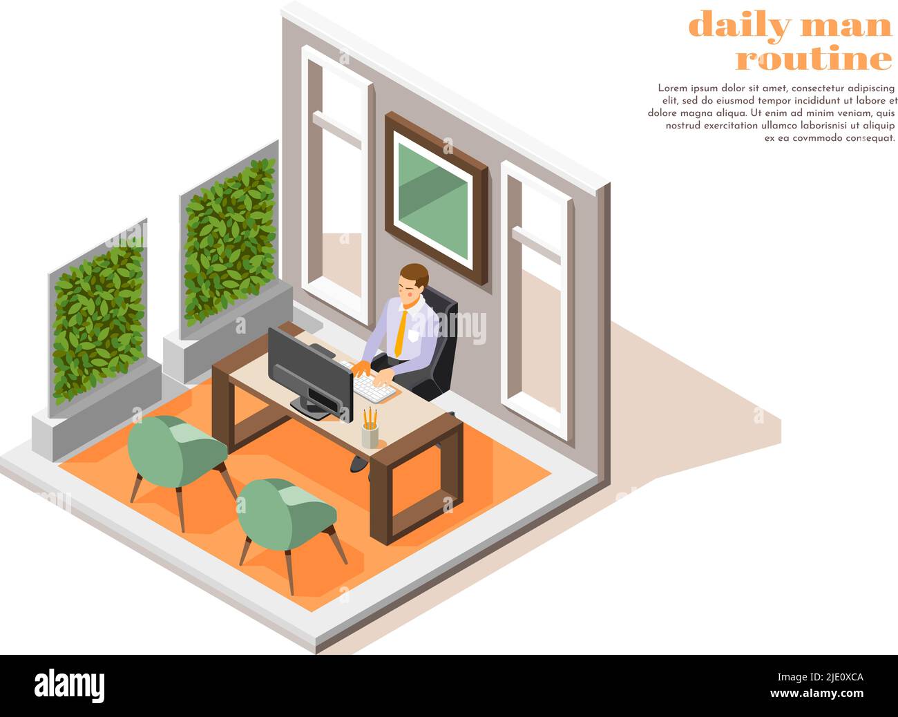 Man working at office daily routine composition 3d isometric vector ...