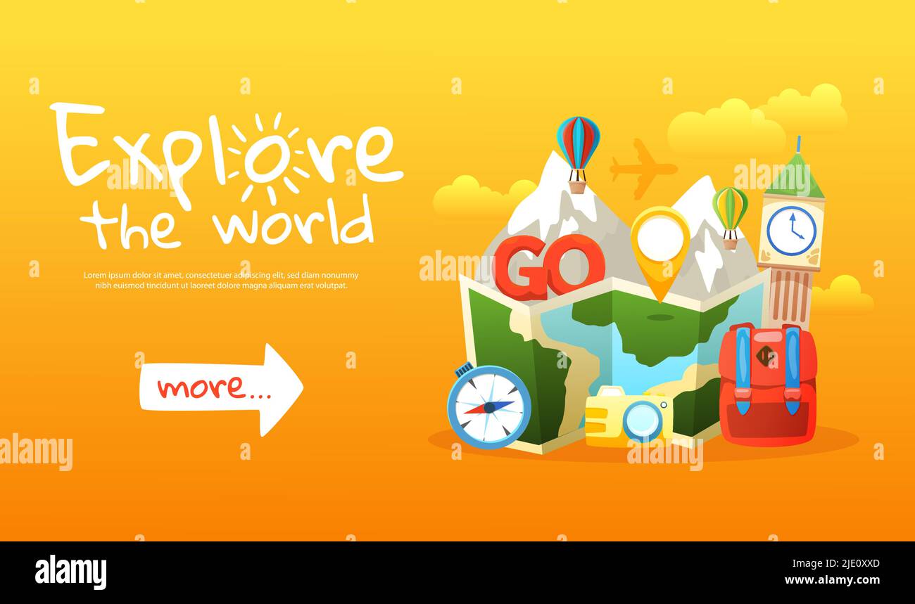 Explore the world colored horizontal banner with travel icons and more ...