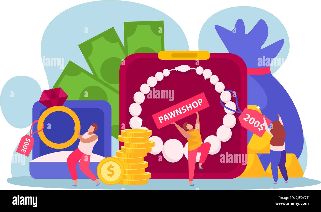 Pawnshop flat composition with characters of happy people near money ...