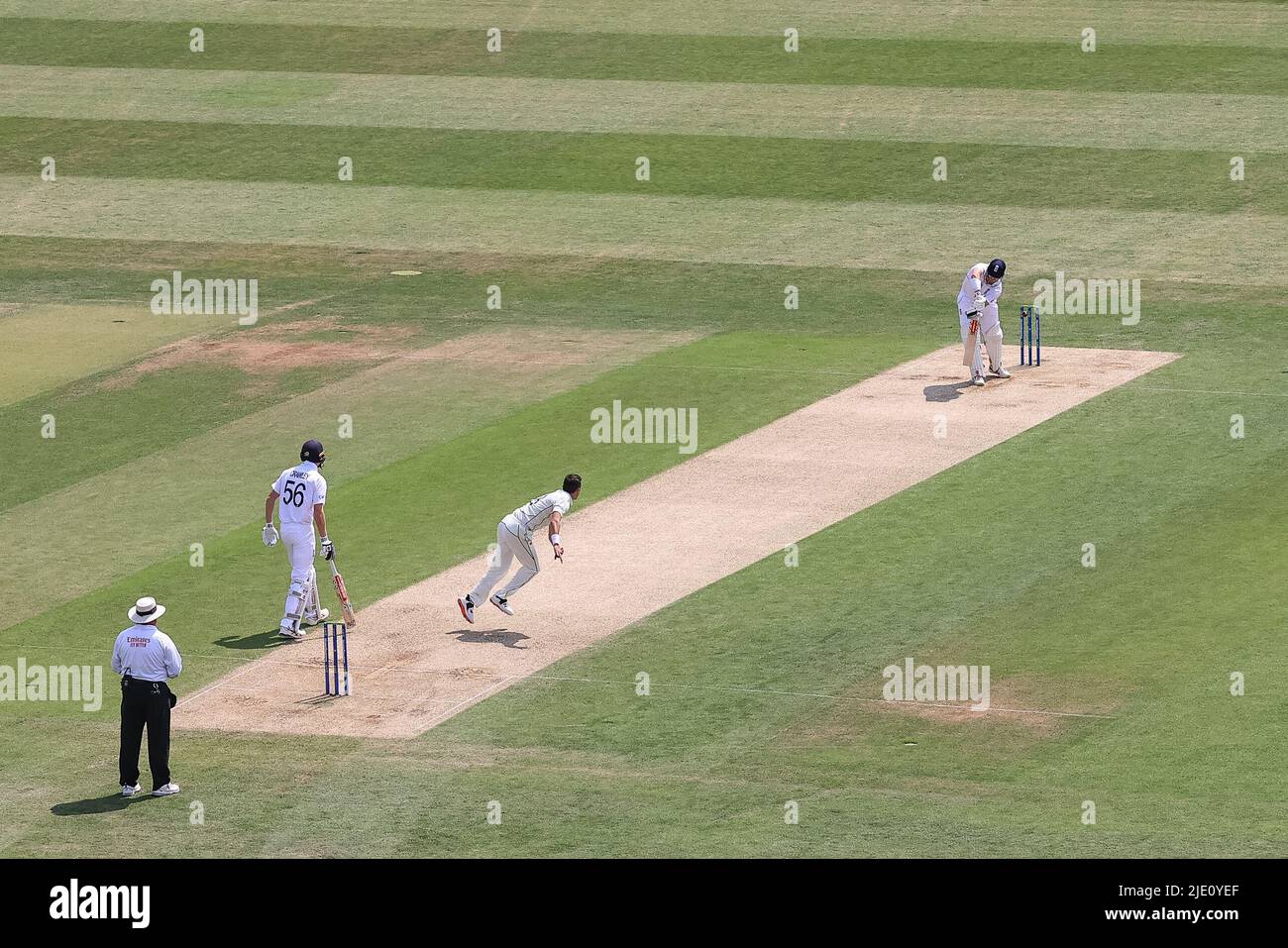 Alex Lees of England is bowled out by Trent Boult of New Zealand Stock ...