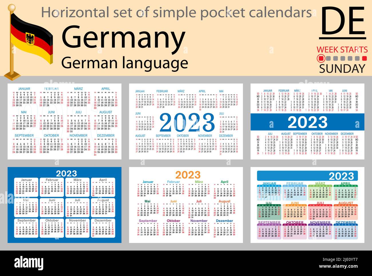German horizontal pocket calendar for 2023 (two thousand twenty three ...