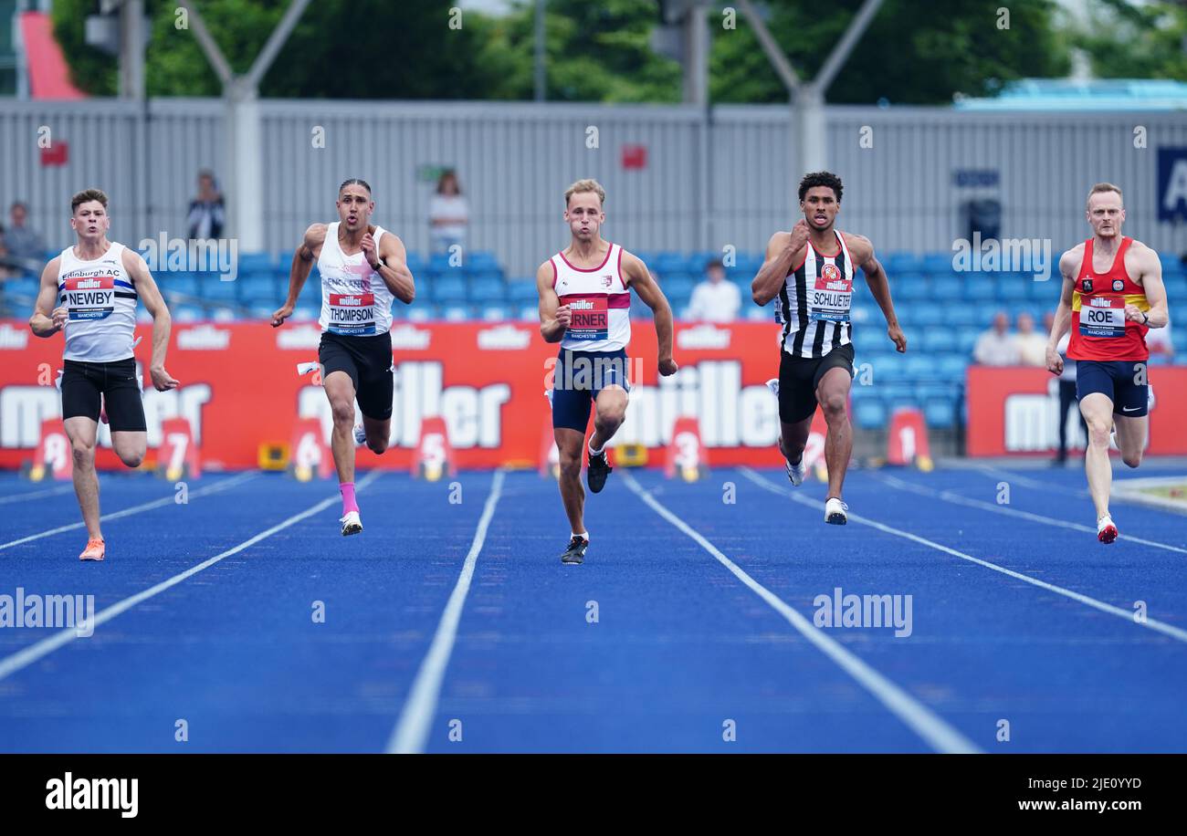 Jack Turner (centre) in the Men's Decathlon 100m Heats during day one ...