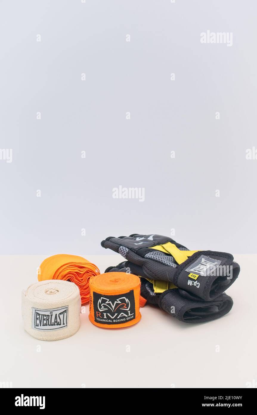 boxing equipment on a bright desk surface, gloves and hand wrap Stock ...