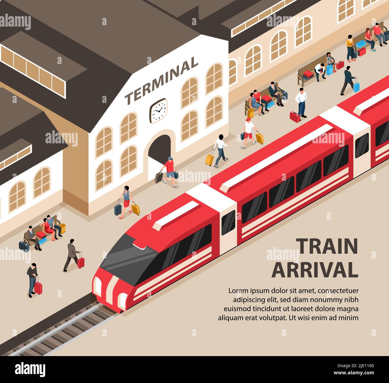 Arriving train railway station building and passengers with luggage 3d ...