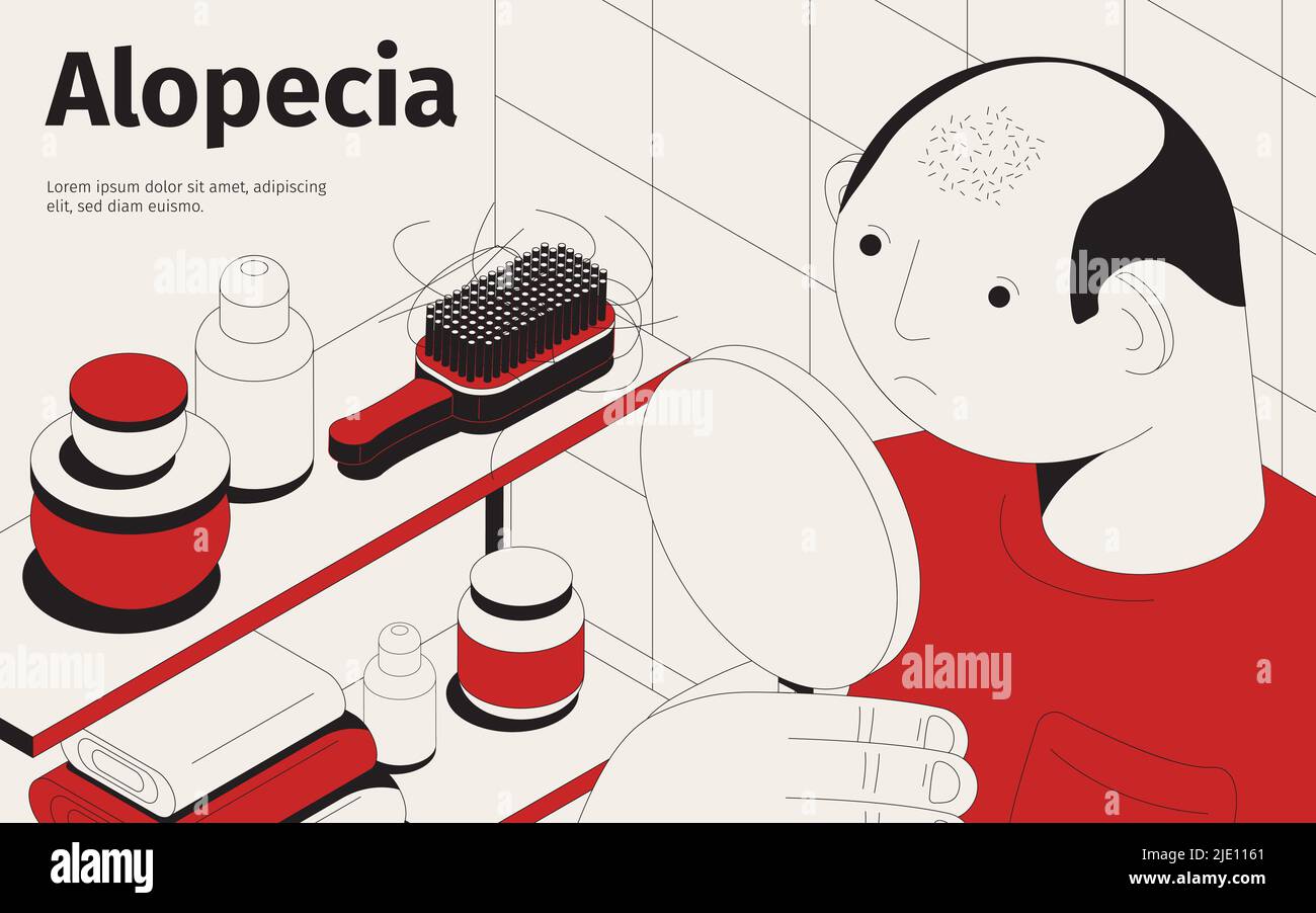 Baldness alopecia isometric background with editable text and character ...